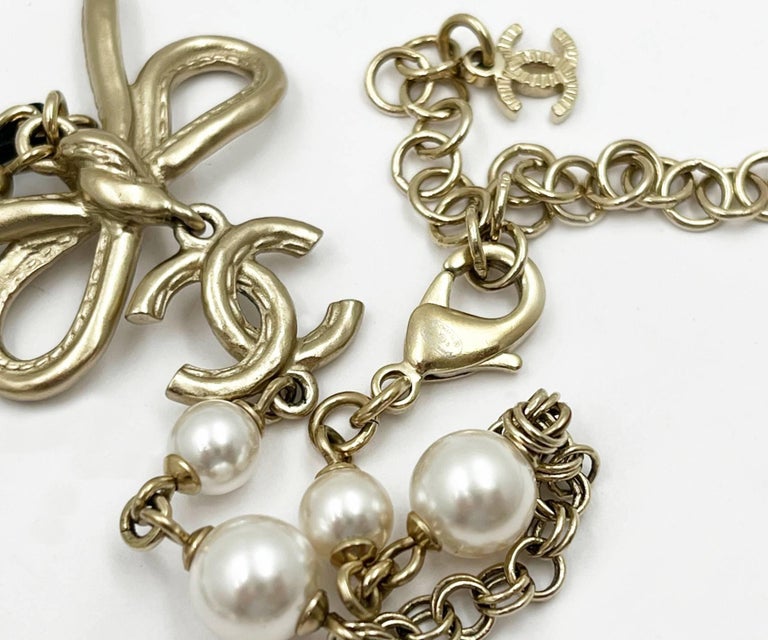 Chanel Light Gold CC Ribbon Bow Pearl Leather Chain Short Necklace For ...
