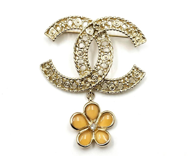 Chanel Light Gold Filigree Pink Flower Large Brooch For Sale at 1stDibs