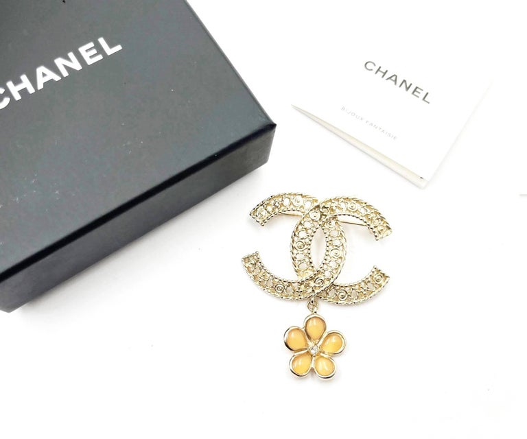 Chanel Light Gold Filigree Pink Flower Large Brooch For Sale at 1stDibs