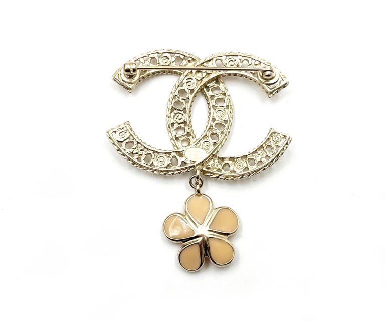 Chanel Light Gold Filigree Pink Flower Large Brooch For Sale at 1stDibs