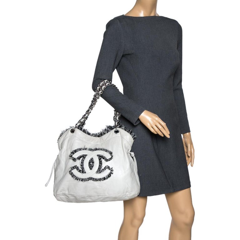 Chanel Light Grey Leather and Tweed Drawstring CC Tweedy Tote at 1stDibs