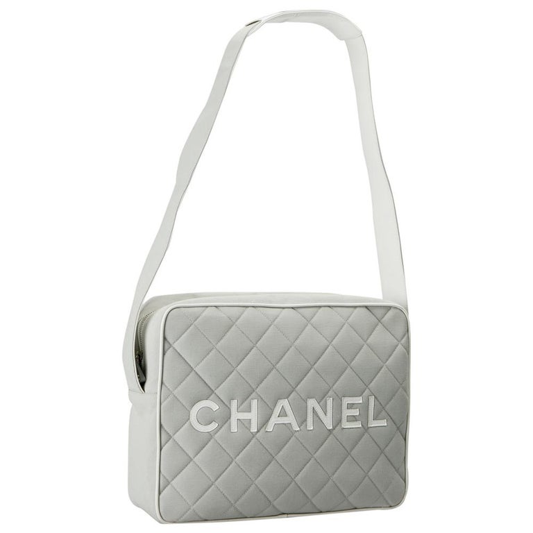 Chanel Light Grey/White Quilted Canvas and Leather Messenger Bag at 1stDibs