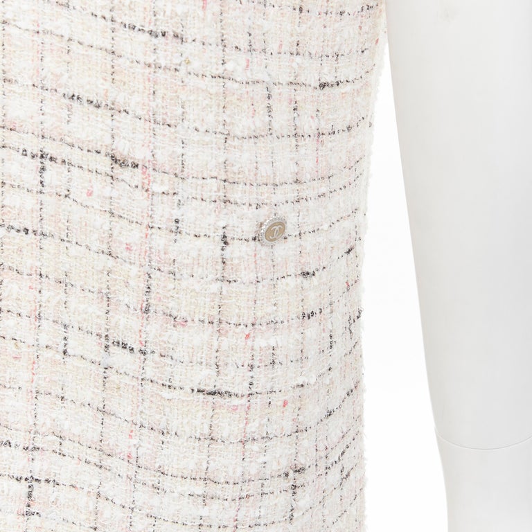 CHANEL light pink beige black check tweed short sleeve sheath dress ...