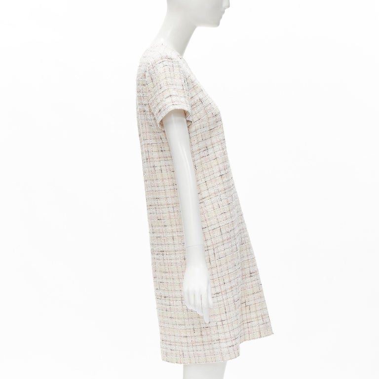 CHANEL light pink beige black check tweed short sleeve sheath dress ...