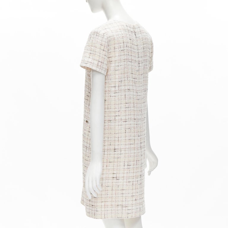 CHANEL light pink beige black check tweed short sleeve sheath dress ...