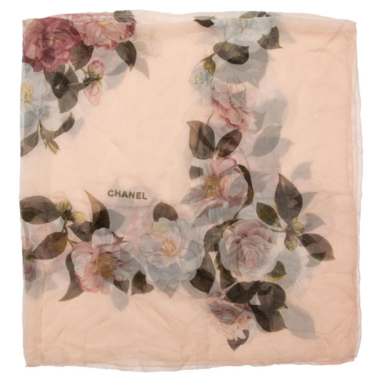 Chanel Light Pink and Multicolor Floral Print Silk Scarf For Sale at ...