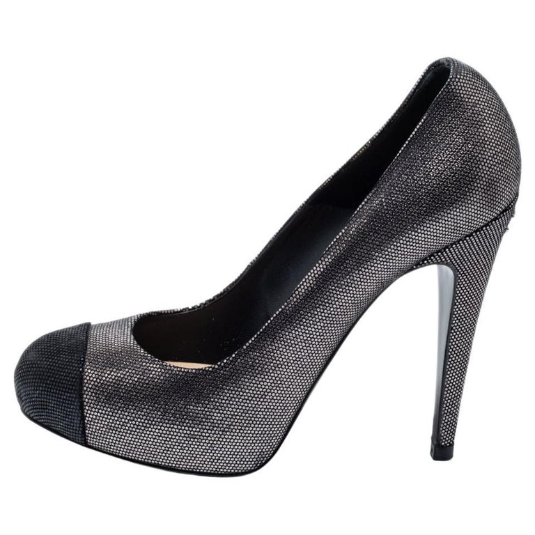 Chanel Light Silver/Black Textured Suede CC Round Toe Pumps Size 38 For ...