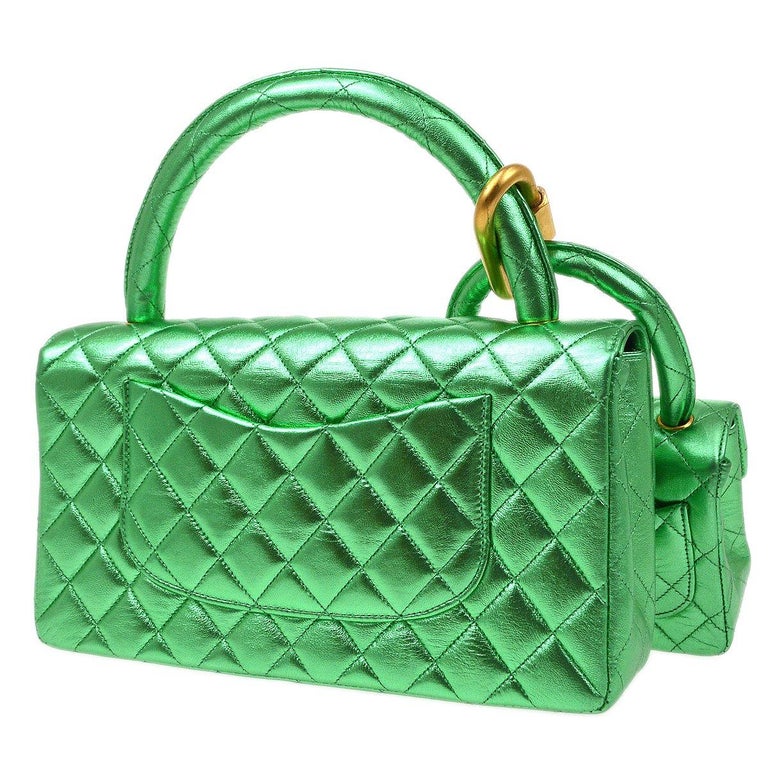 CHANEL Lime Green Metallic Lambskin Gold 2 in 1 Small Medium Kelly Flap ...