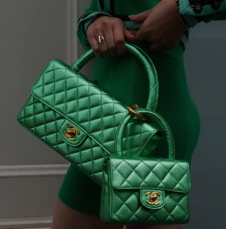 CHANEL Lime Green Metallic Lambskin Gold 2 in 1 Small Medium Kelly Flap ...