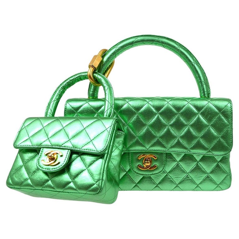 CHANEL Lime Green Metallic Lambskin Gold 2 in 1 Small Medium Kelly Flap ...