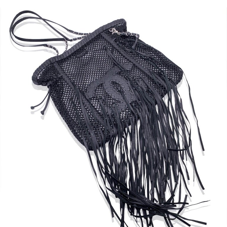 Chanel Limited Edition Resort 2011 Black Leather Fringe Mesh Tote Bag ...