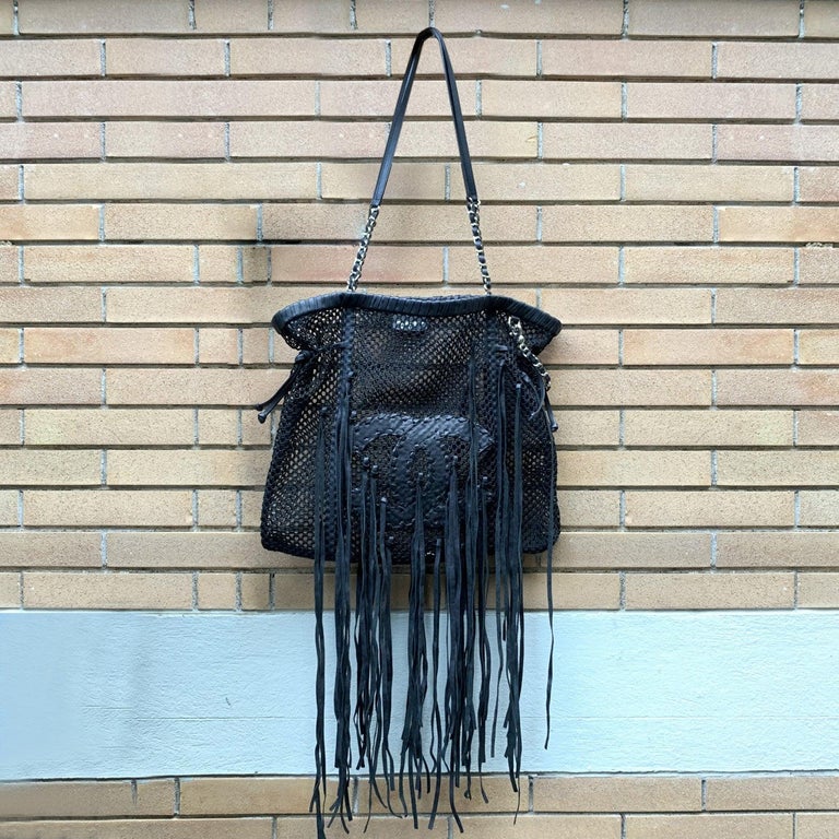 Chanel Limited Edition Resort 2011 Black Leather Fringe Mesh Tote Bag ...