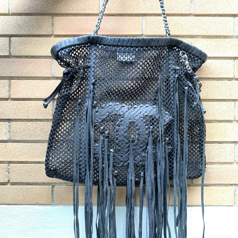 Chanel Limited Edition Resort 2011 Black Leather Fringe Mesh Tote Bag ...