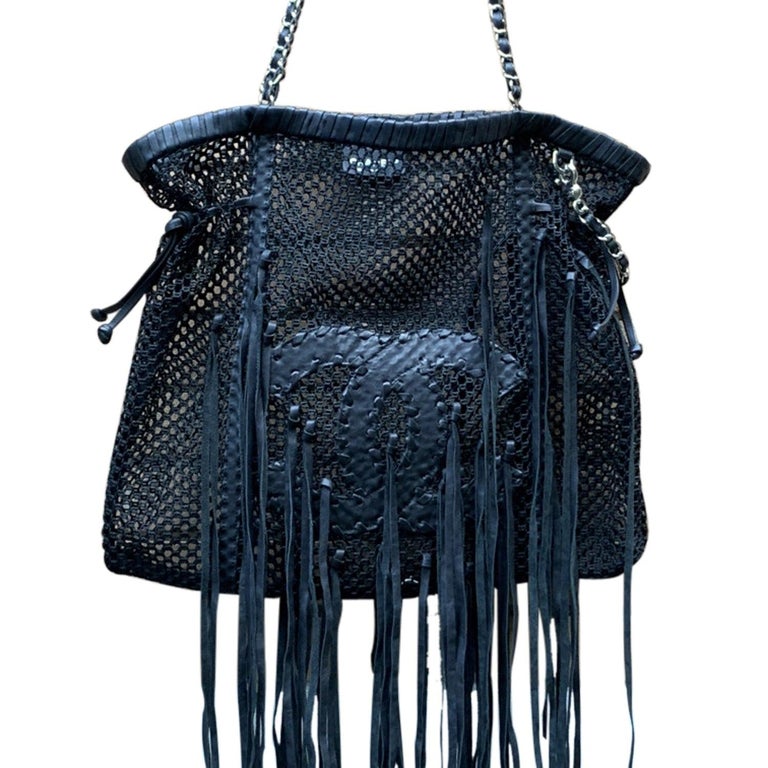 Chanel Limited Edition Resort 2011 Black Leather Fringe Mesh Tote Bag ...