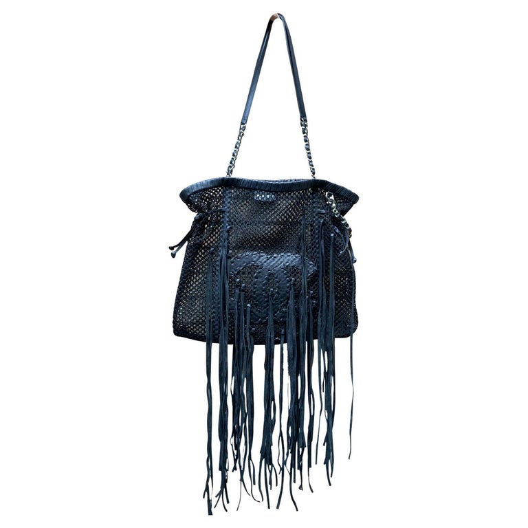 Chanel Limited Edition Resort 2011 Black Leather Fringe Mesh Tote Bag ...
