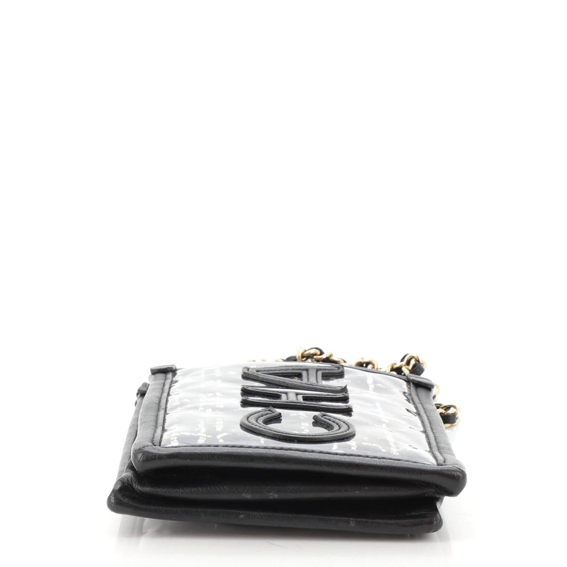 Chanel Logo Phone Clutch with Chain PVC Over Quilted Tweed at 1stDibs