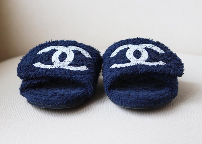 Chanel Logo-Print Cotton Terry-Cloth Slides at 1stDibs | chanel terry ...