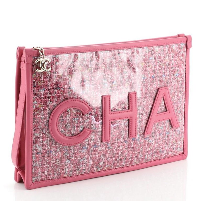 Chanel Logo Wristlet Clutch PVC Over Quilted Tweed Large at 1stDibs