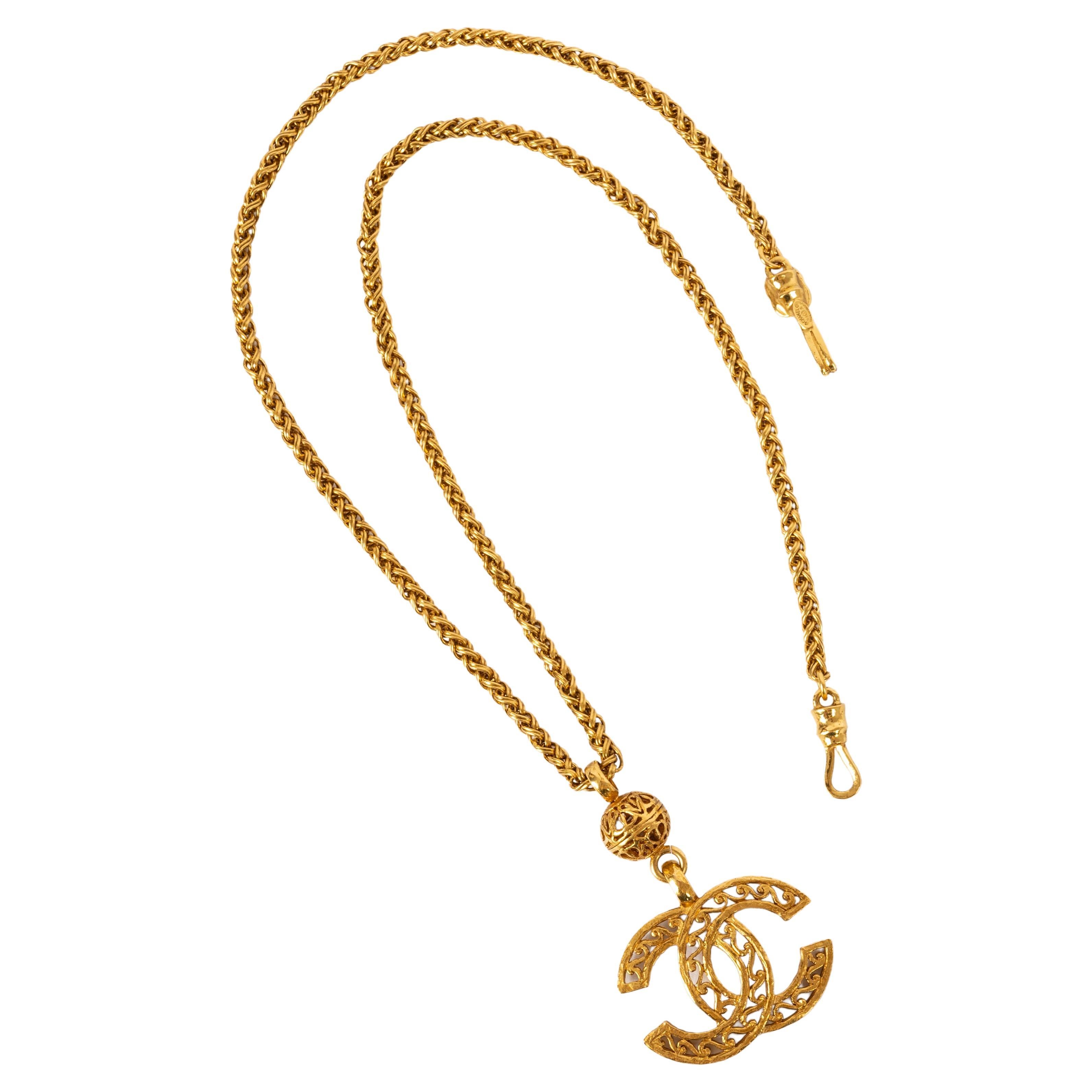 Chanel White CC Plaid Gold Frame Necklace For Sale at 1stDibs