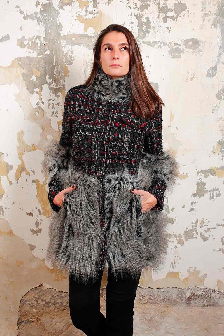 CHANEL Long Jacket in Multicolored Tweed and Gray Faux Fur Size 36FR ...