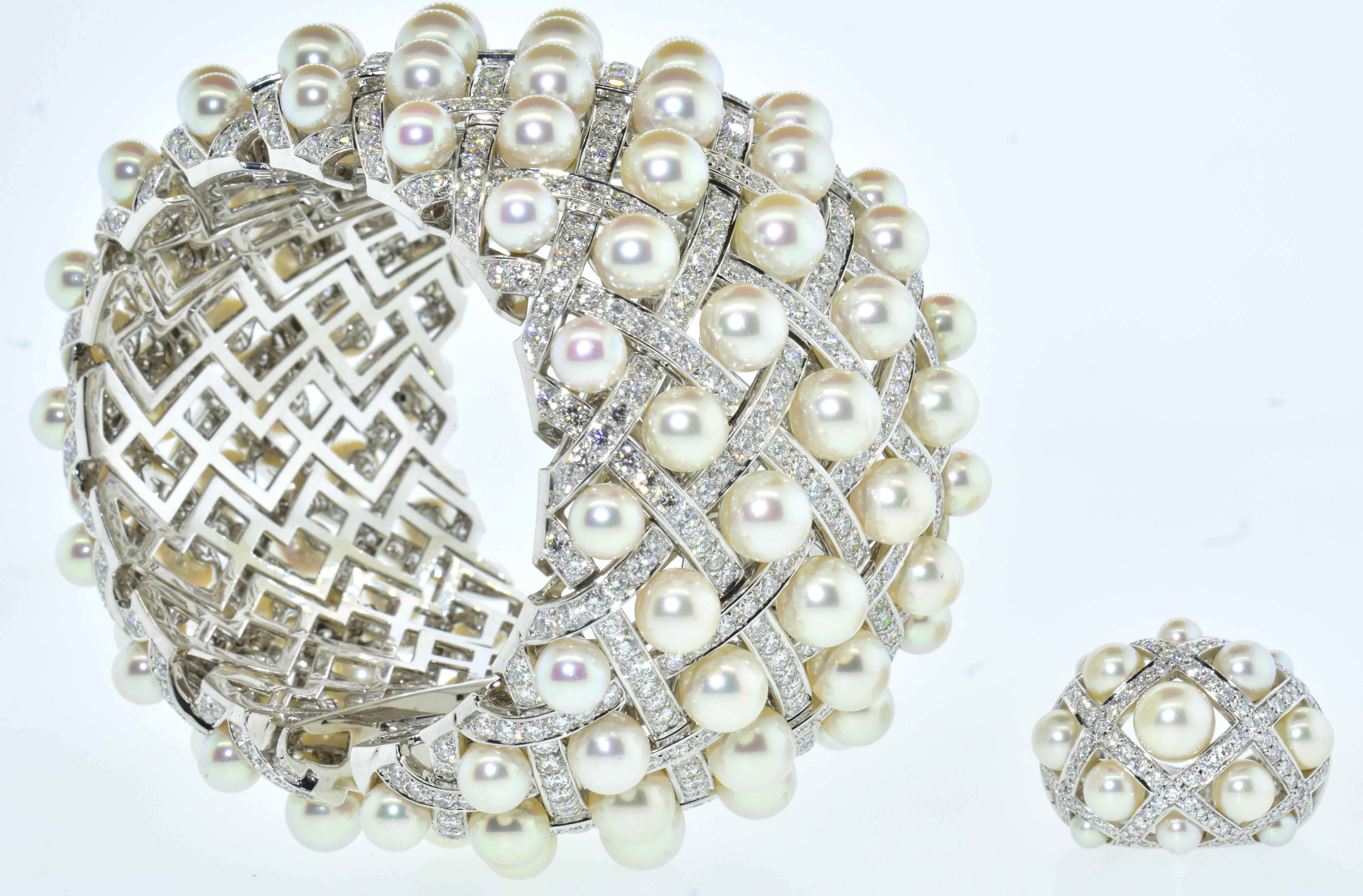 Chanel Matelasse Diamond and Pearl 18K Wide Bangle Bracelet and ...