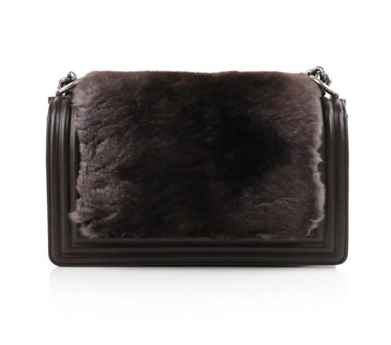 CHANEL "Medium Boy" Brown Leather Sheared Rabbit Fur Flap Bag Cross ...