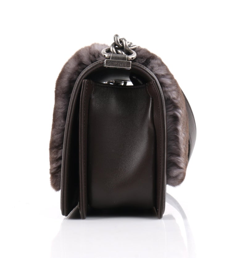 CHANEL "Medium Boy" Brown Leather Sheared Rabbit Fur Flap Bag Cross ...