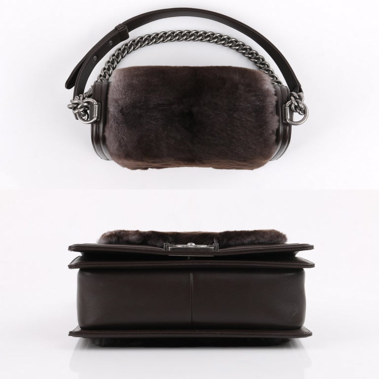 CHANEL "Medium Boy" Brown Leather Sheared Rabbit Fur Flap Bag Cross ...