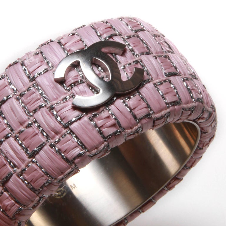 Chanel Medium pink woven cuff with three CC logos For Sale at 1stDibs