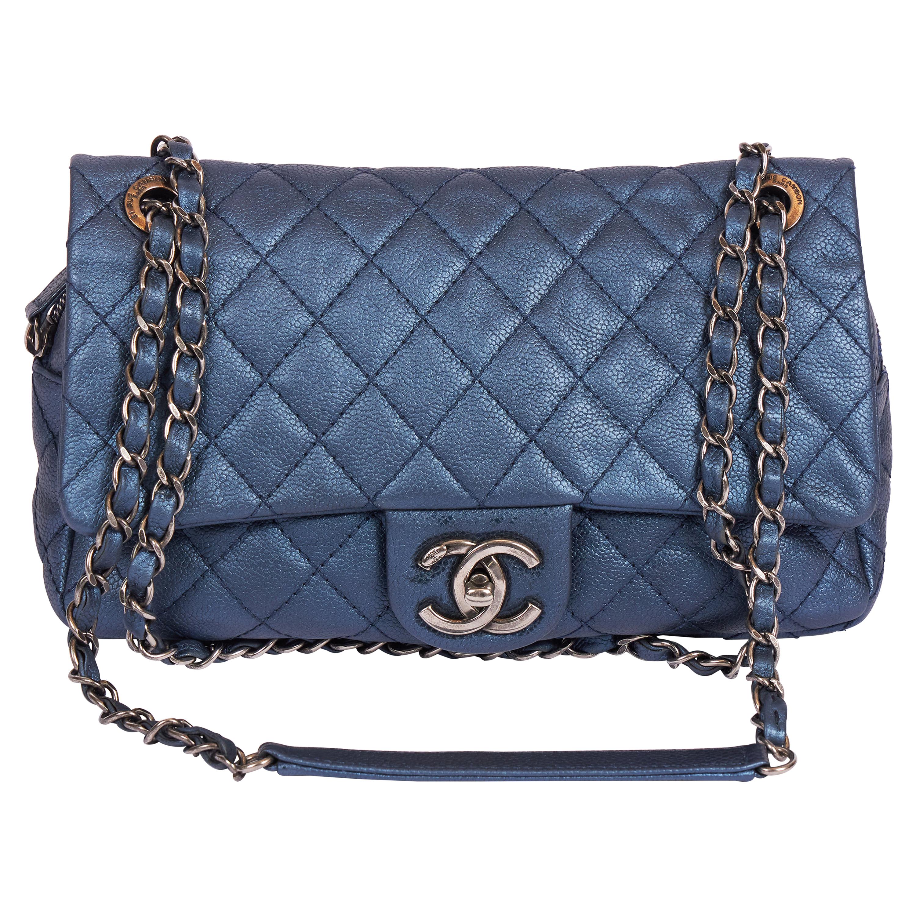 Chanel Metallic Blue Flap With Zipper at 1stDibs