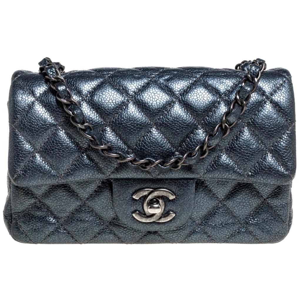 Chanel Metallic Dark Blue Quilted Leather New Mini Classic Single Flap ...