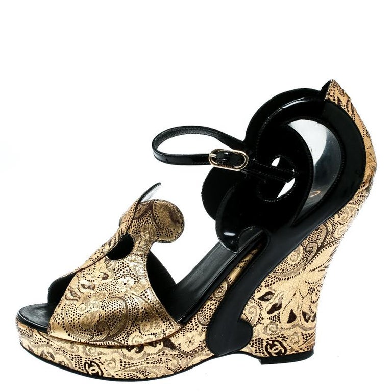 Chanel Metallic Gold Leather Baroque Platform Wedge Sandals Size 40 For ...