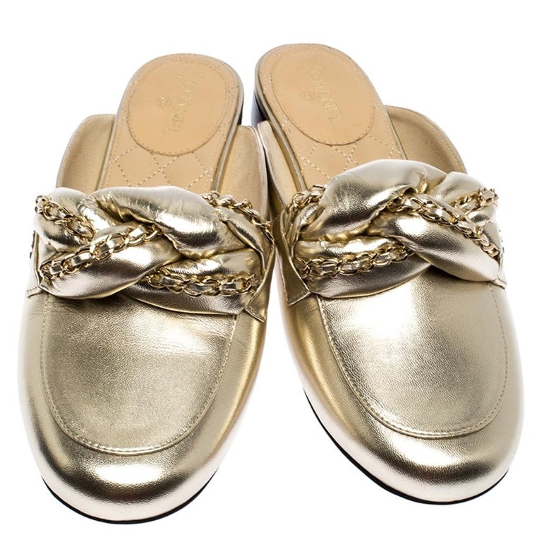 Chanel Metallic Gold Leather Braided Chain Mule Slides Size 41.5 at ...