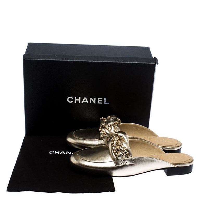 Chanel Metallic Gold Leather Braided Chain Mule Slides Size 41.5 at ...