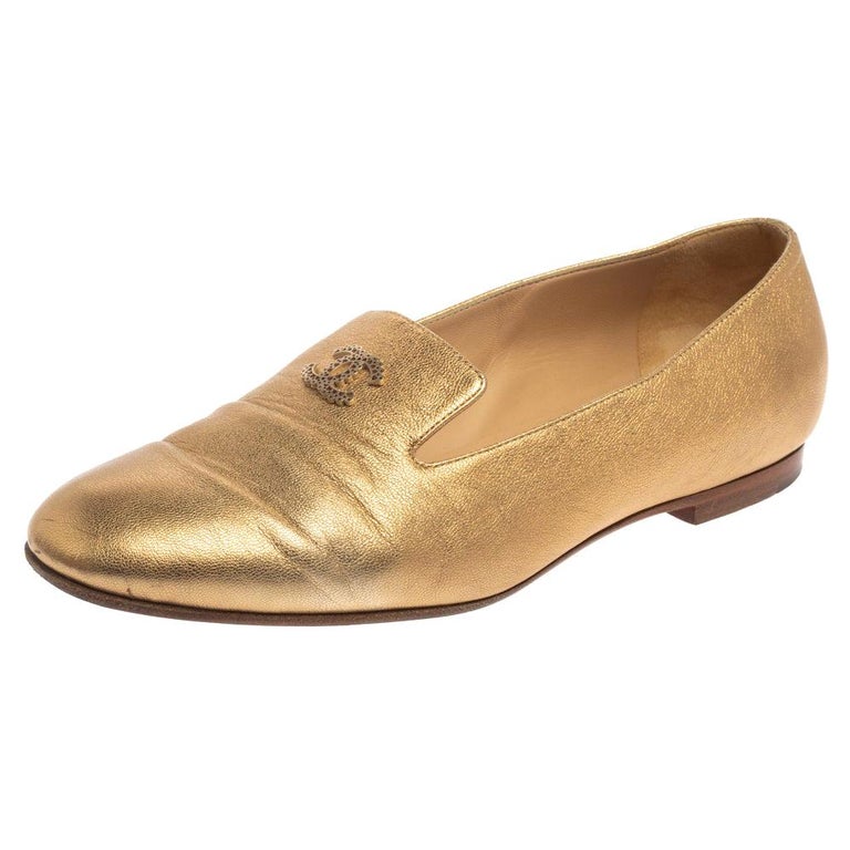 Chanel Metallic Gold Leather CC Embellished Loafers Size 39 at 1stDibs