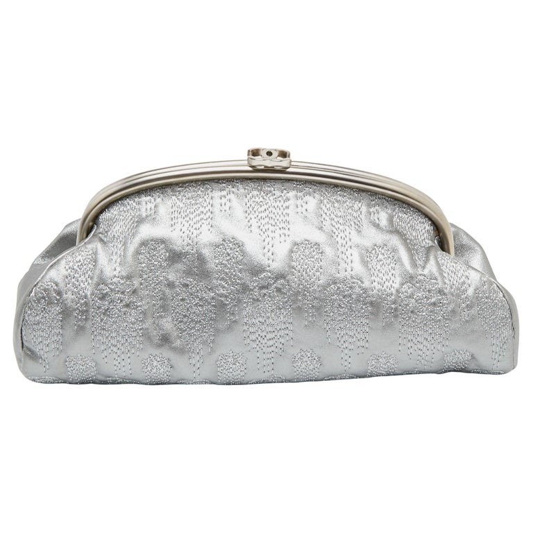Chanel Metallic Grey Embroidered Leather Frame Clutch For Sale at 1stDibs