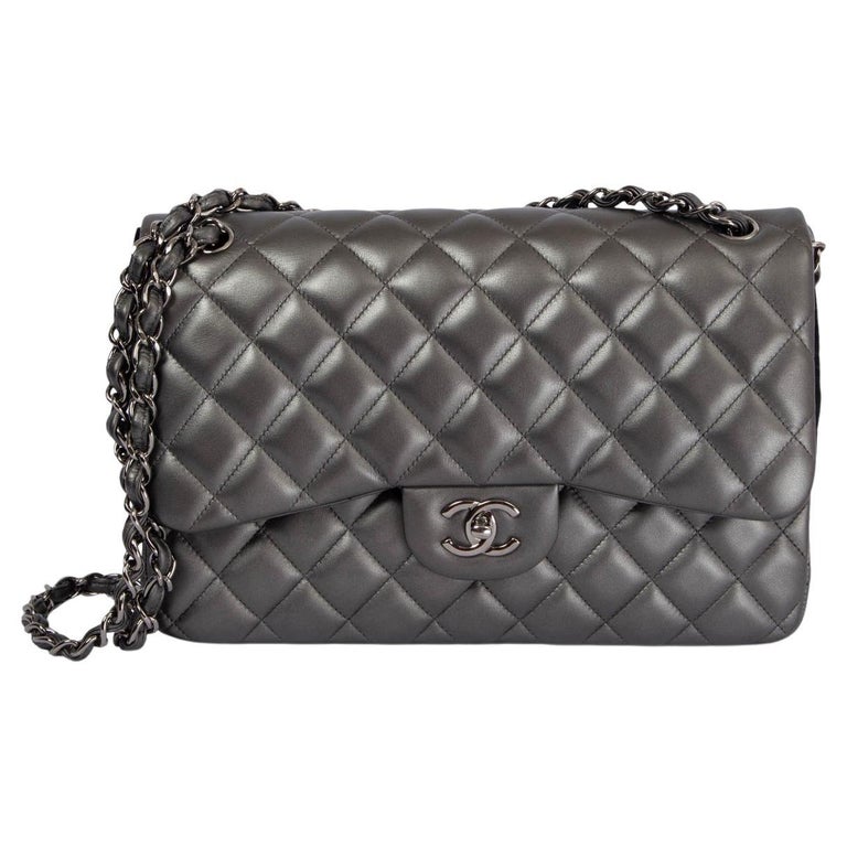 CHANEL metallic grey leather Timeless CLASSIC LARGE Flap Shoulder Bag ...