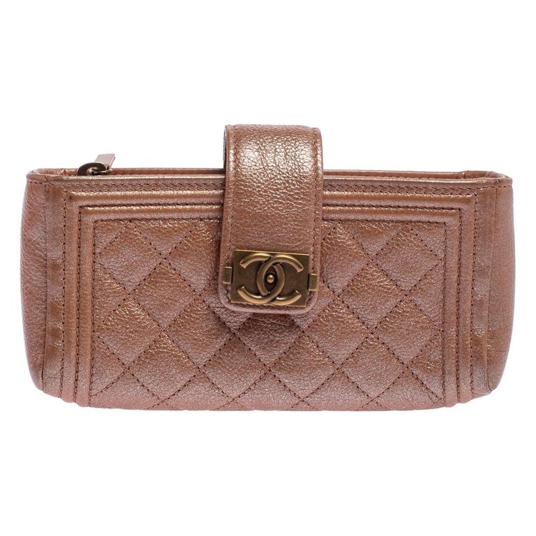 Chanel Metallic Peach Quilted Leather Boy Phone Pouch at 1stDibs