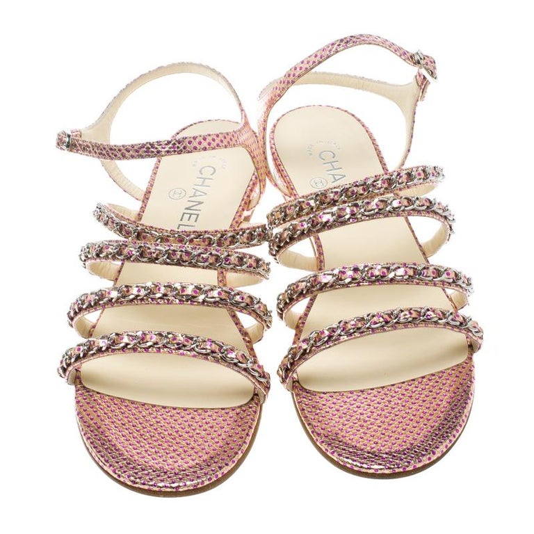 Chanel Metallic Pink Polka Dot Print Leather Chain Detail Ankle Strap ...