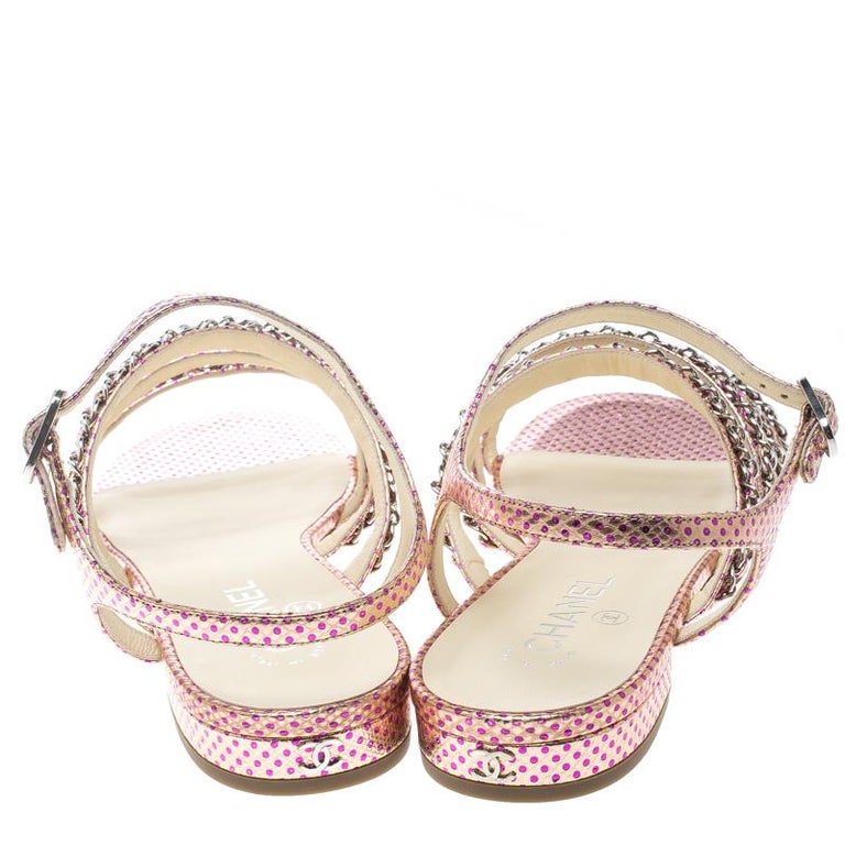 Chanel Metallic Pink Polka Dot Print Leather Chain Detail Ankle Strap ...