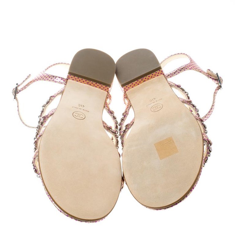 Chanel Metallic Pink Polka Dot Print Leather Chain Detail Ankle Strap ...