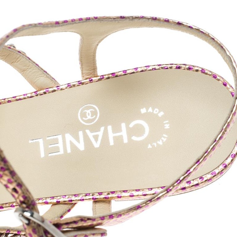 Chanel Metallic Pink Polka Dot Print Leather Chain Detail Ankle Strap ...