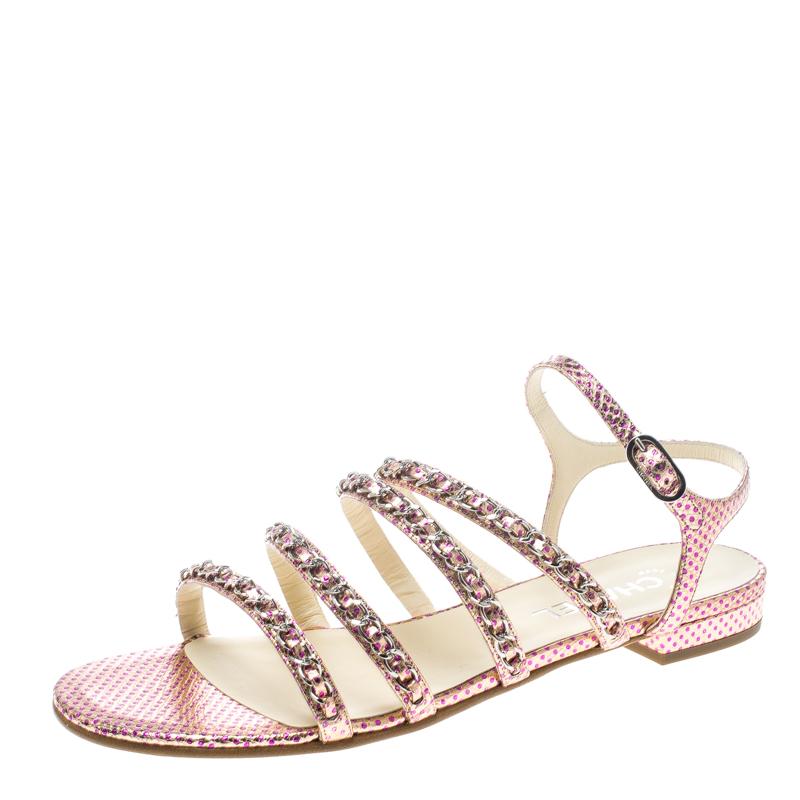 Chanel Metallic Pink Polka Dot Print Leather Chain Detail Ankle Strap ...