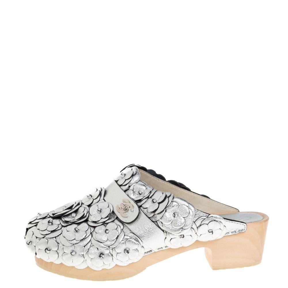 Chanel Metallic Silver Camellia Embellished CC Lock Wooden Clogs Size ...