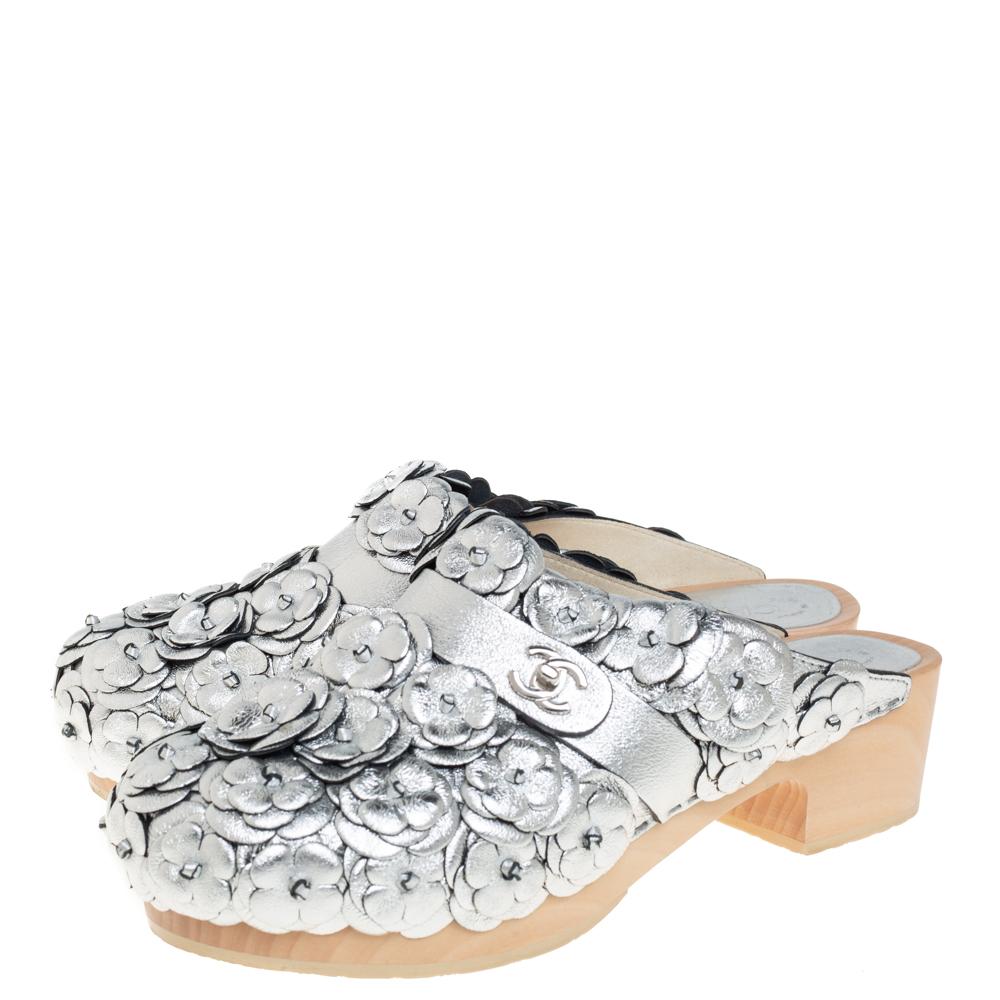 Chanel Metallic Silver Camellia Embellished CC Lock Wooden Clogs Size ...