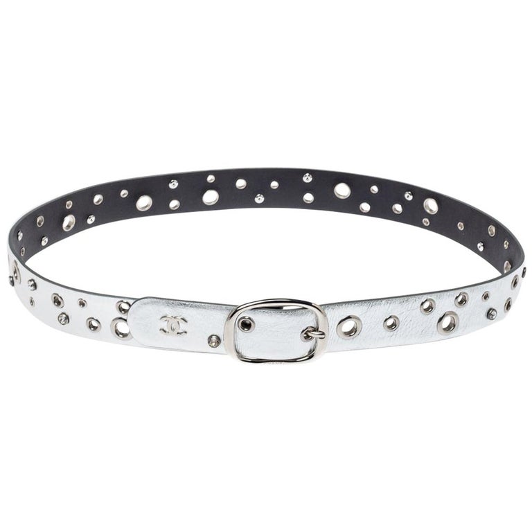 Chanel Metallic Silver Leather Grommet and Crystal Embellished Belt 80 ...