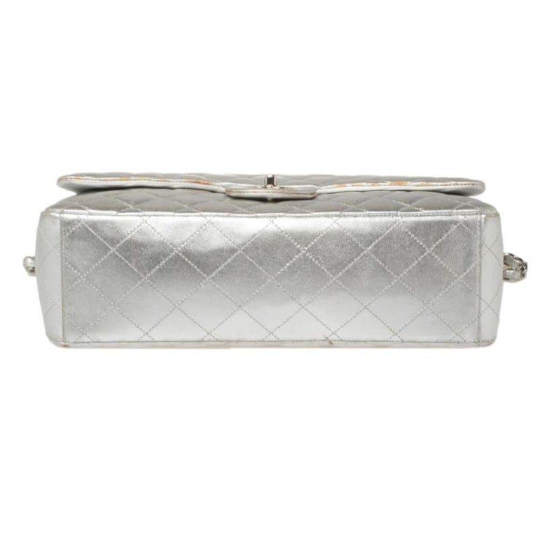Chanel Metallic Silver Quilted Leather Maxi Classic Single Flap Bag at ...