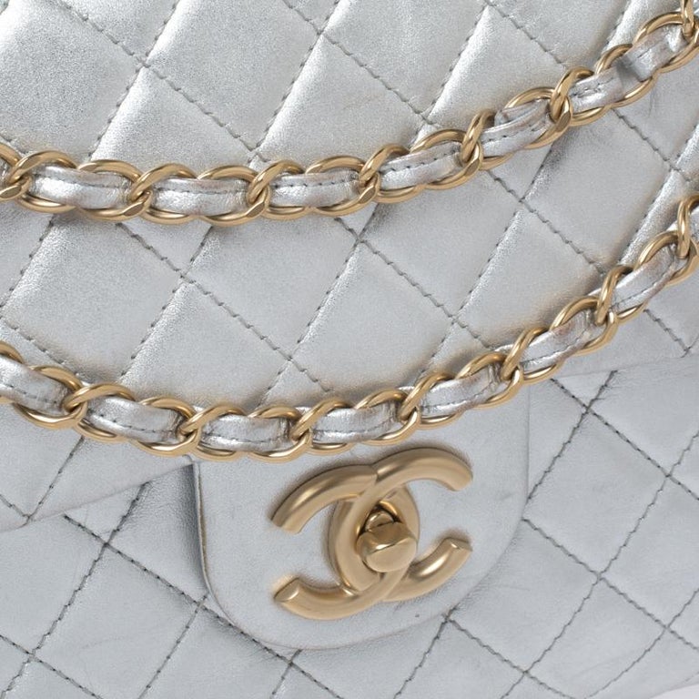 Chanel Metallic Silver Quilted Leather Maxi Classic Single Flap Bag For ...