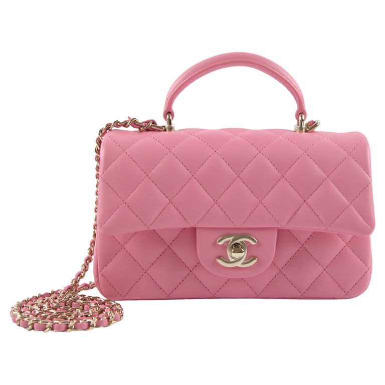 CHANEL MINI CLASSIC RECTANGULAR FLAP BAG PINK Lambskin Leather with ...