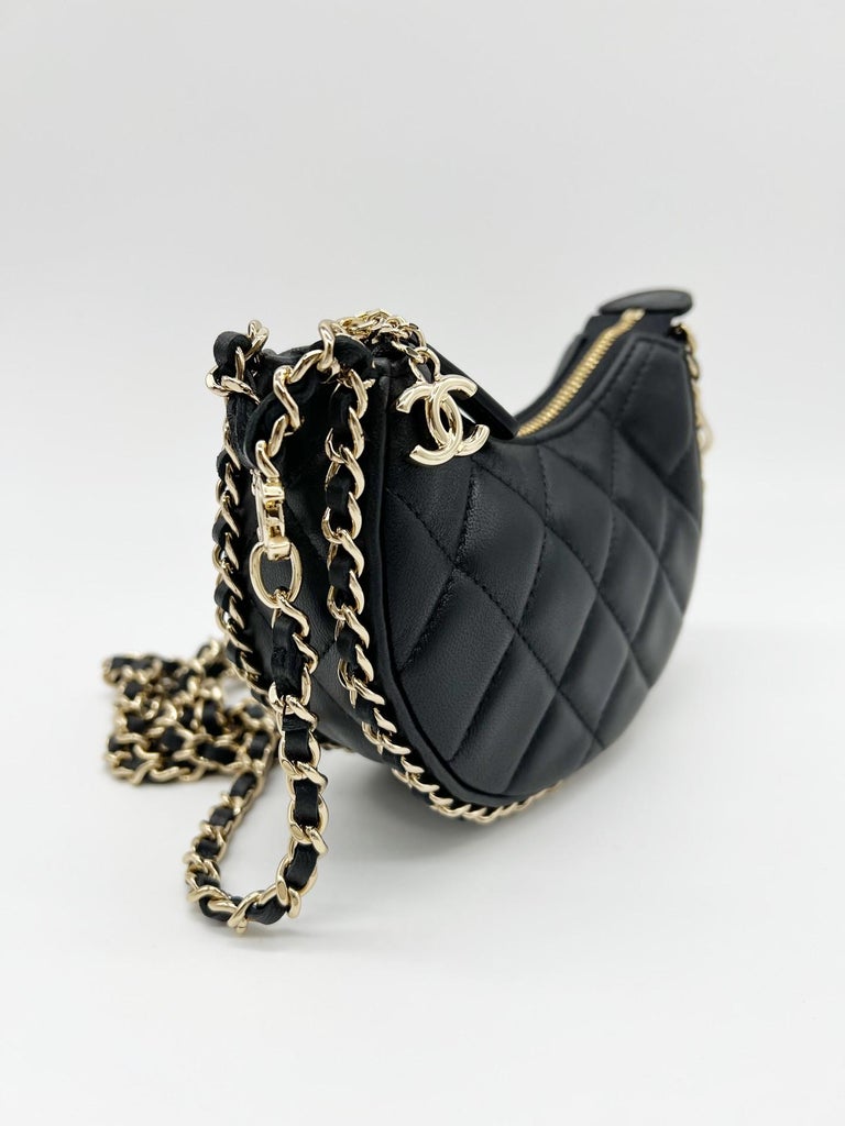 CHANEL MINI HOBO CROISSANT BAG BLACK Lambskin Leather with Shiny Light ...
